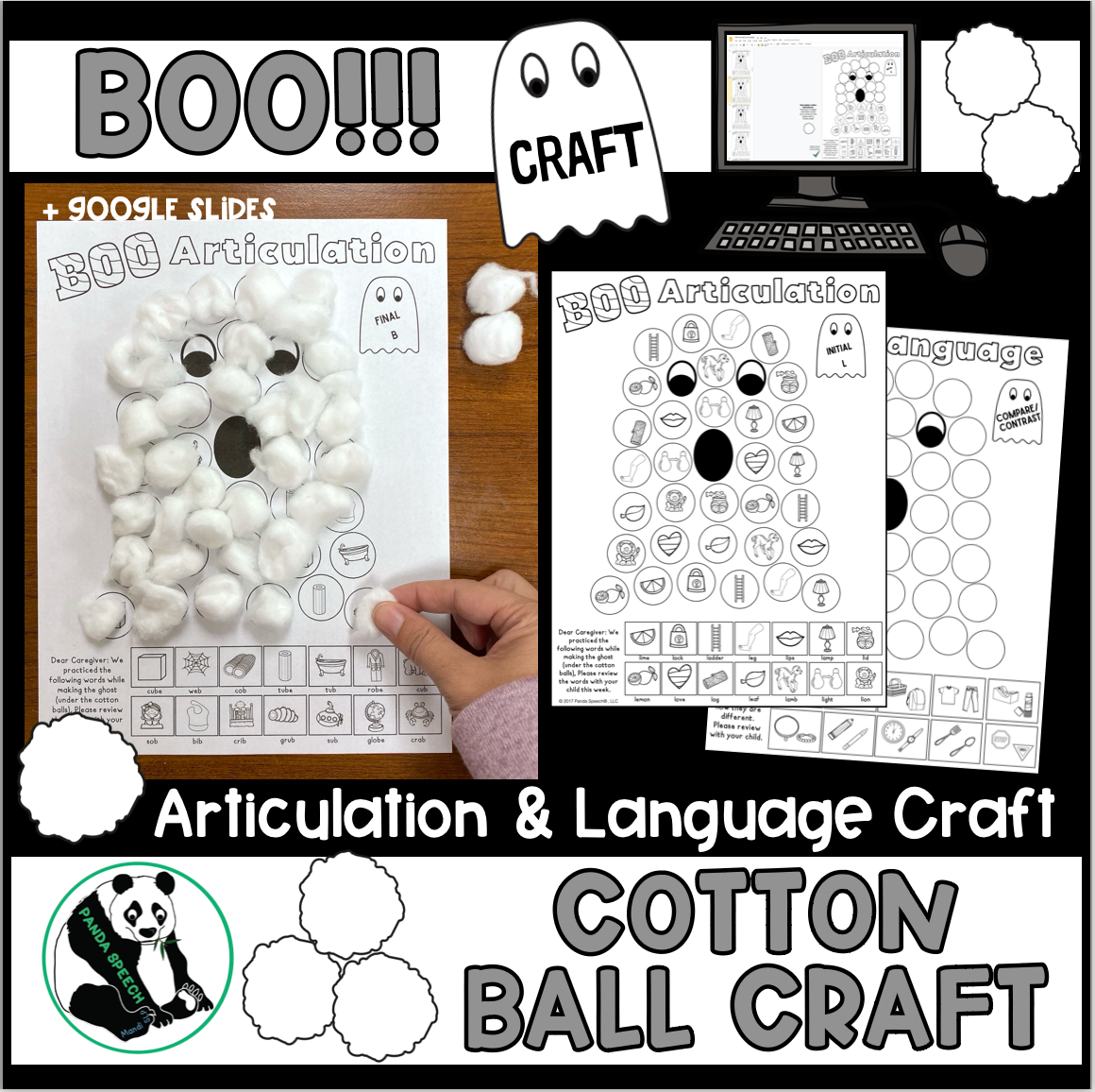 Boo Articulation and Language! Speech Therapy Cotton Ball craft – Panda ...