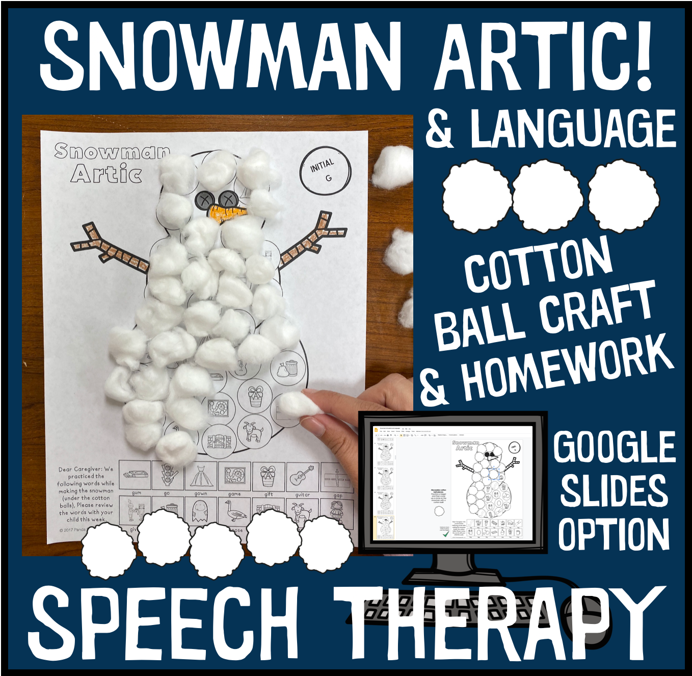 Snowman Articulation and Language! Speech Therapy Cotton Ball craft ...